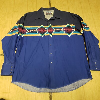 Wrangler Western Cowboy Aztec Print Black Pearl Snap Vintage Shirt Mens ...