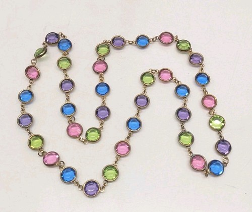 VINTAGE CRYSTAL BEZEL GOLD TONE YELLOW BLUE PINK NECKLACE RARE COLOR ...