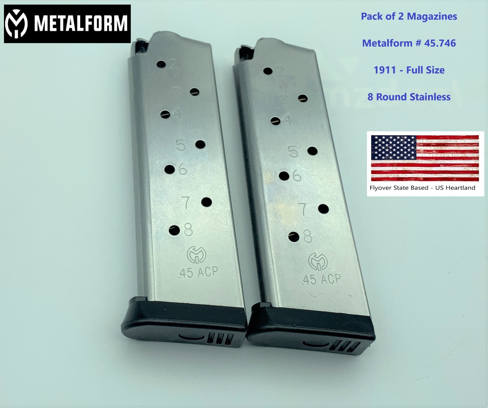 METALFORM 1911 MAGAZINE FS GOVT 45 AUTO MAG 8 ROUND Stainless FIT COLT ...