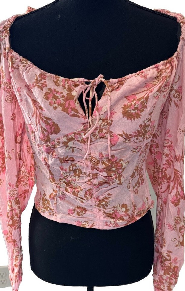 Free People Women's Floral Blouse Pink Long Sleeve Square Neck Ruched ...
