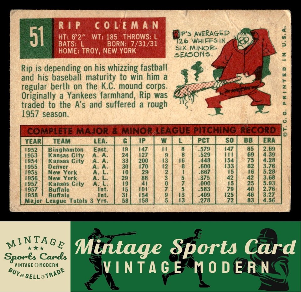 1959 Topps - Rip Coleman - #51 Kansas City Athletics | eBay