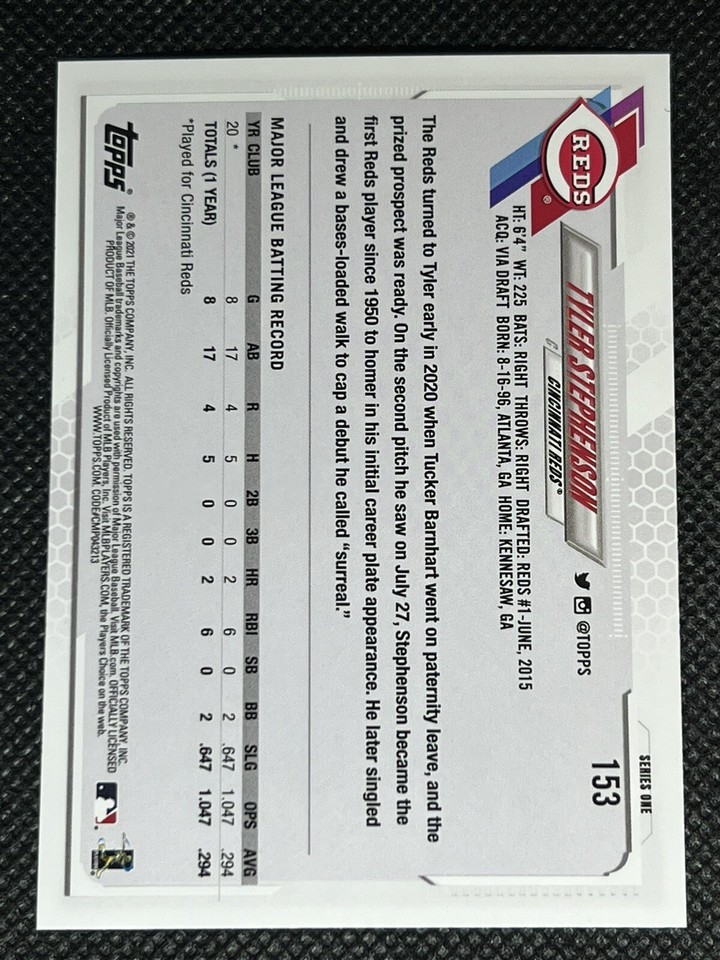 2021 Topps Series One TYLER STEPHENSON RC #153 Cincinnati Reds ROOKIE ...