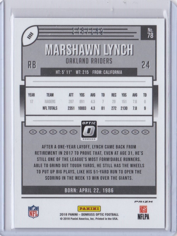 2017 Donruss Optic Blue Marshawn Lynch #78 Oakland Raiders 146/149 | eBay