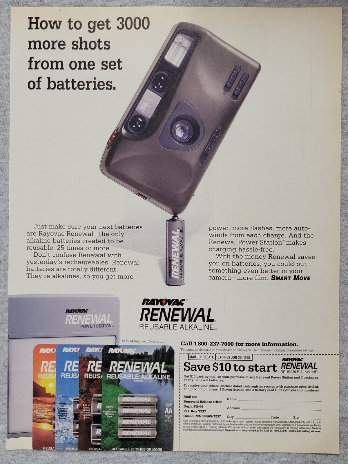 1995 Magazine Advertisement Page Rayovac Renewal Reusable Batteries ...