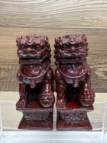 Pair Vintage Chinese Red Foo Dog Foo Lion Guardian Lion Statues -HEAVY ...