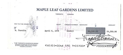 TOUGH HAROLD BALLARD & DON CRUMP AUTOGRAPHED MAPLE LEAF GARDENS CHEQUE ...