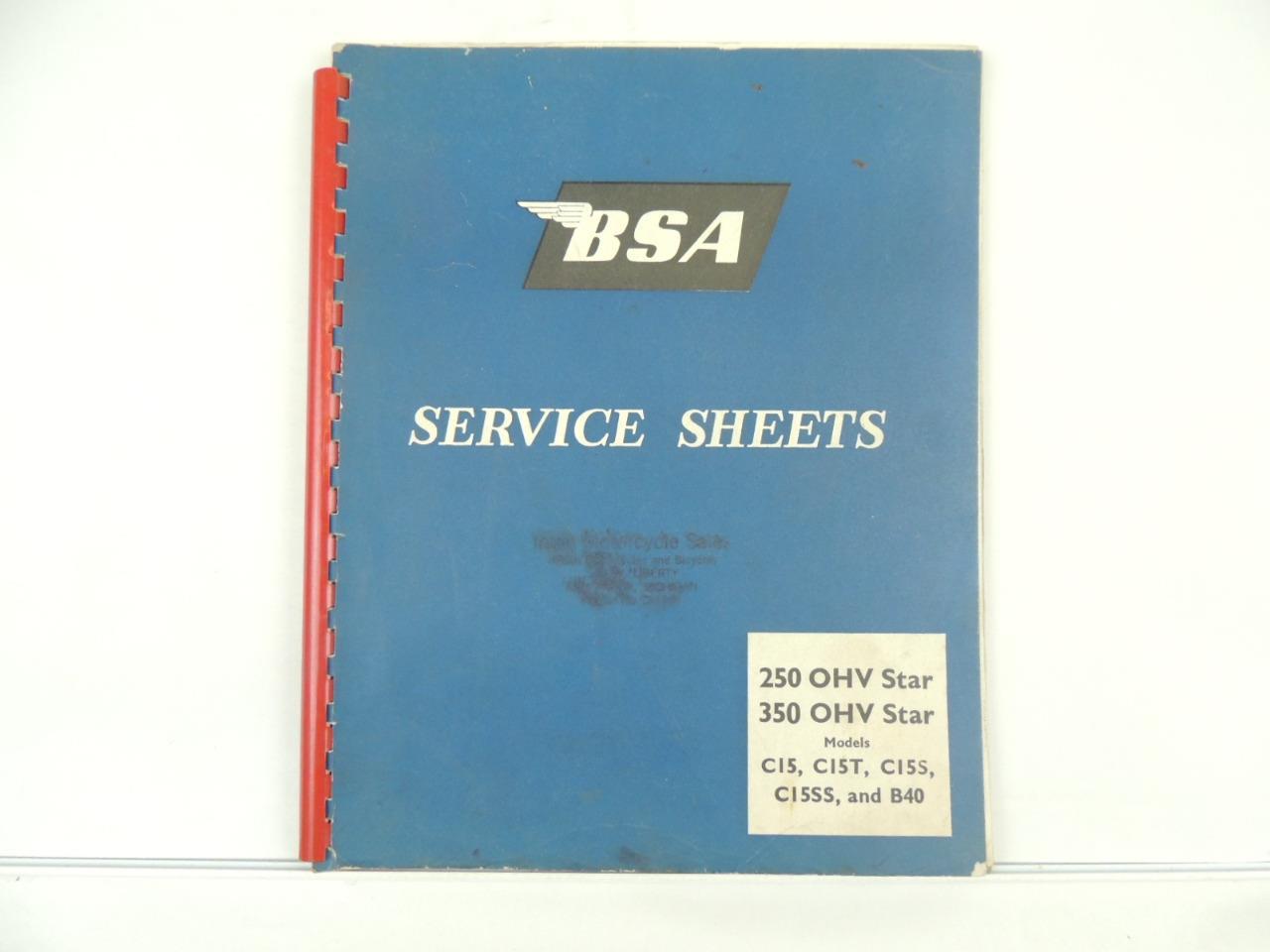 Vintage BSA Service Sheets Book 250 350 OHV Star C15 C15C C15S C15SS ...