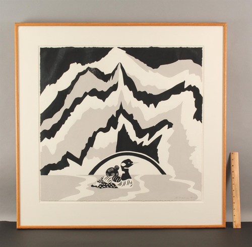 Signed MADEILINE EVANS Modernist Screenprint Monoprint LOON Birds ...