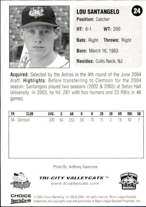 2004 Tri-City ValleyCats Choice #24 Lou Santangelo Colts Neck New ...