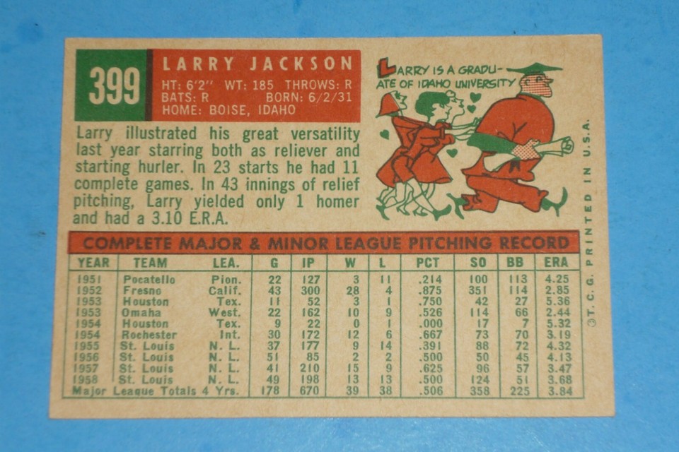 LARRY JACKSON - ST. LOUIS CARDINALS PITCHER - 1959 TOPPS BASEBALL CARD ...