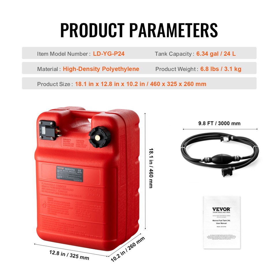 VEVOR Boat Fuel Tank Portable Marine Outboard Gas Tank 6.34 Gallon/24L ...