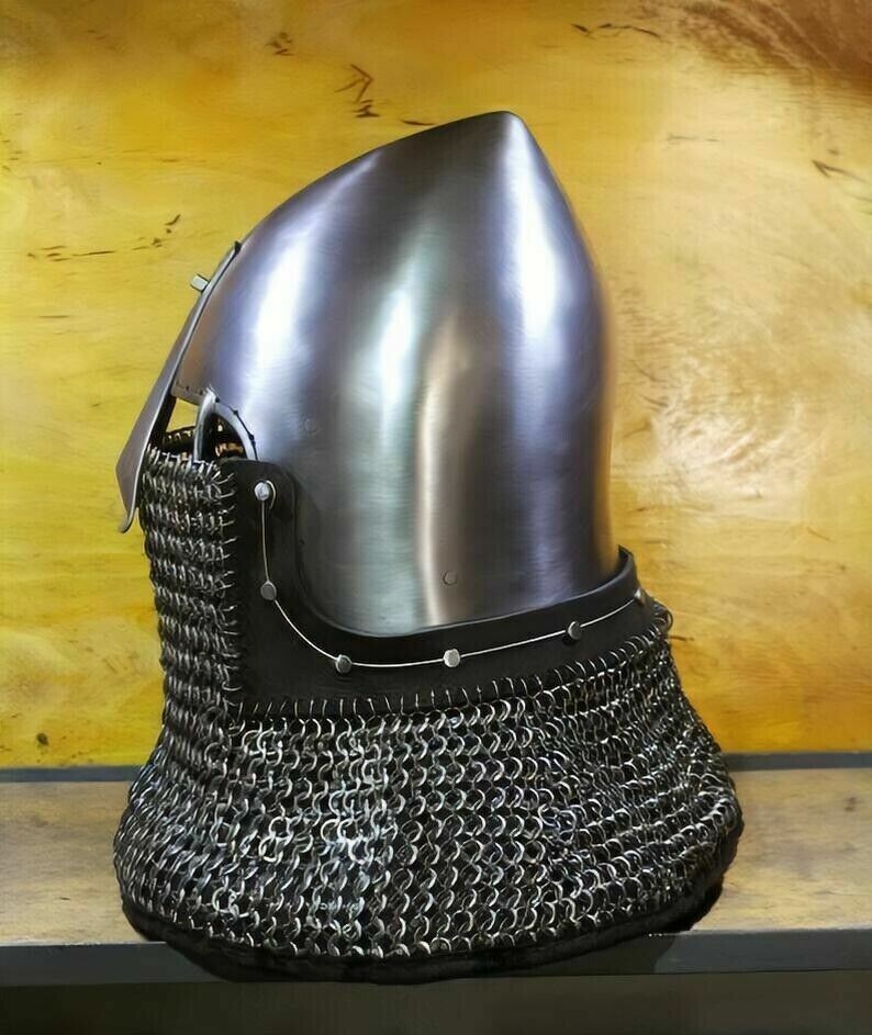 SCA 16 Gauge Steel Medieval Combat Bascinet Helmet Aventail Chain Mail ...