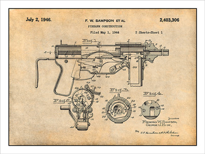 1944 M3 Submachine Gun - Grease Gun Patent Print Art Drawing Poster | eBay