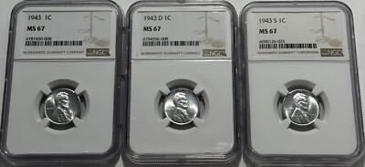 1943 P D S 1C NGC MS67 Lincoln Wheat Steel Penny 3 Coin Set Gem ...