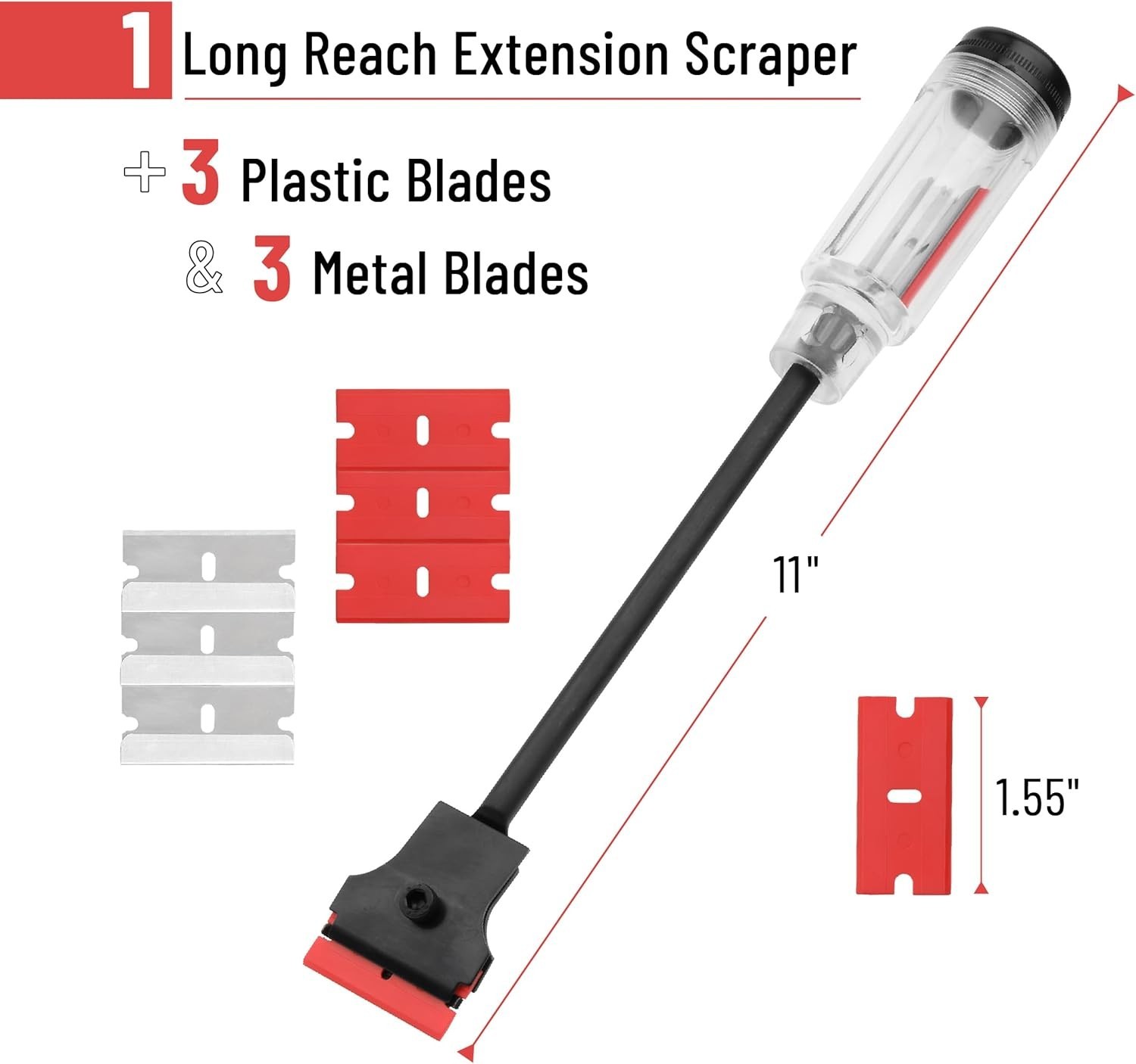 Long Handle 11" Razor Blade Scraper 3 Metal 3 Polastic Blades Tool ...
