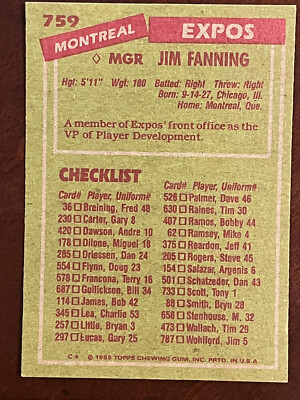 1985 Topps Baseball #759 Jim Fanning MGR, CL Montreal Expos | eBay