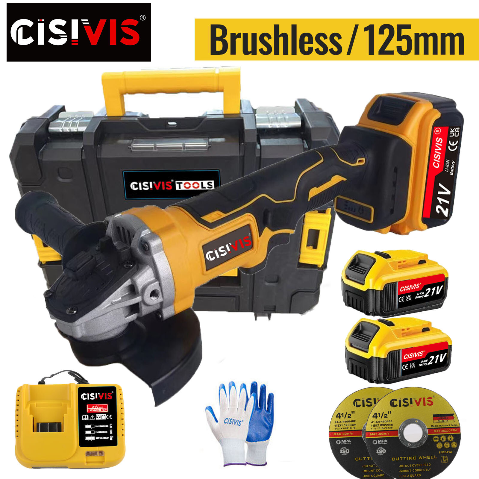 Cisivis 125mm Cordless Angle Grinder 21V Li-ion Battery Brushless Power ...
