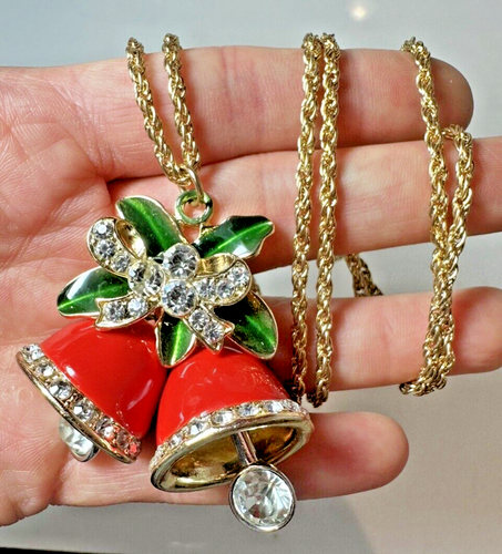 Vintage Christmas Bell Green Red Enamel Rhinestones Dangle Pendant 34 ...