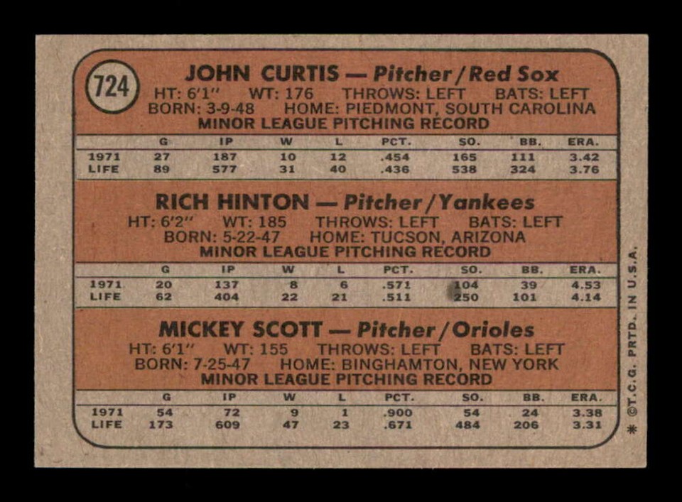 1972 Topps #724 John Curtis/Rich Hinton/Mickey Scott AL Rookies NM/NM+ ...