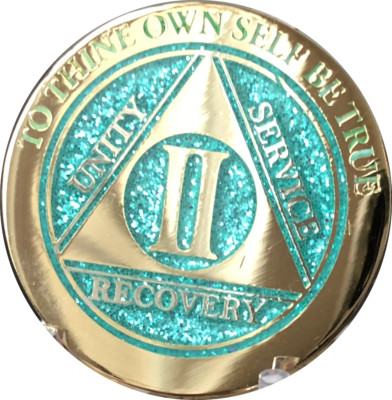 2 Year AA Medallion Elegant Glitter Aqua Gold Plated Sobriety Chip Coin ...