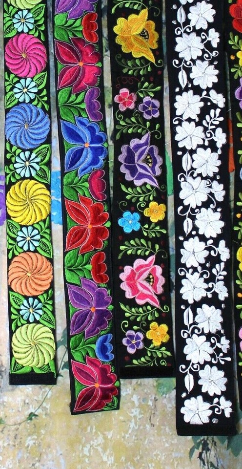 Black & Multi-Color Floral Embroidered Wide Belts Mexico Hippie Boho ...