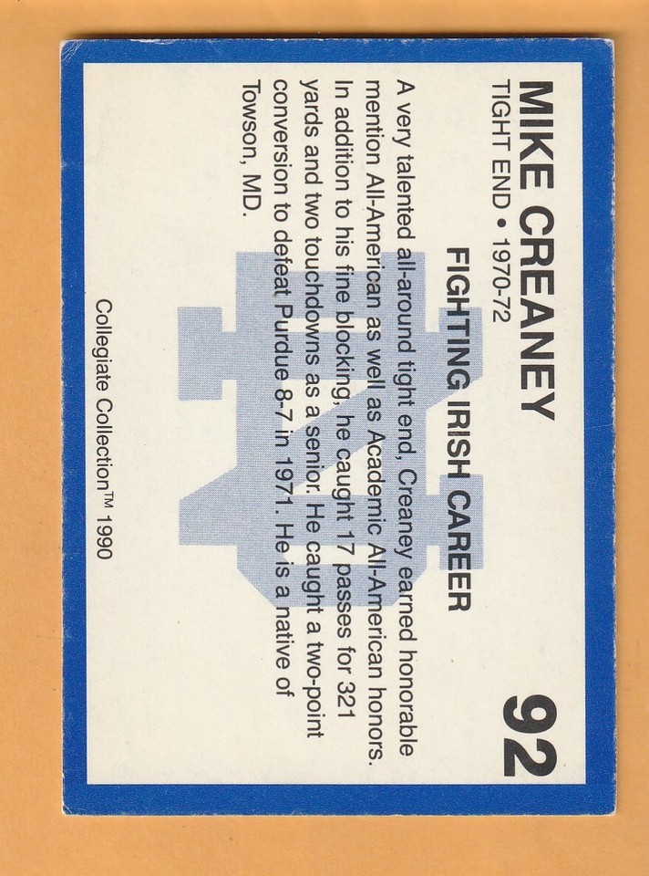 Mike Creaney Notre Dame Irish AUTO Signed Card Towson Maryland 10G | eBay