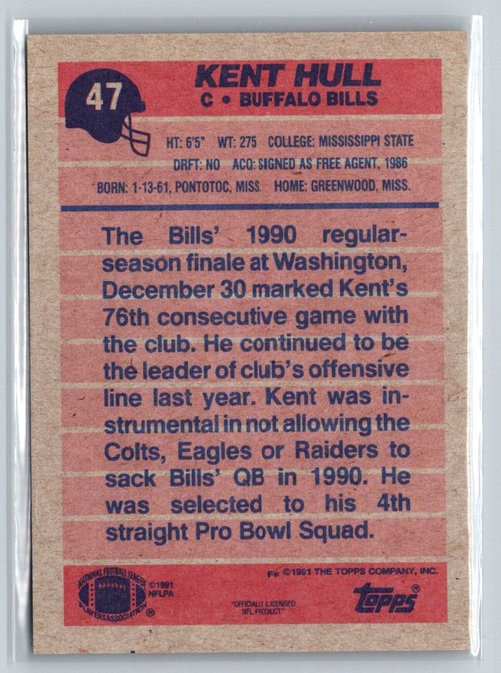 1991 Topps #47 Kent Hull ALL PRO NFL Buffalo Bills | eBay