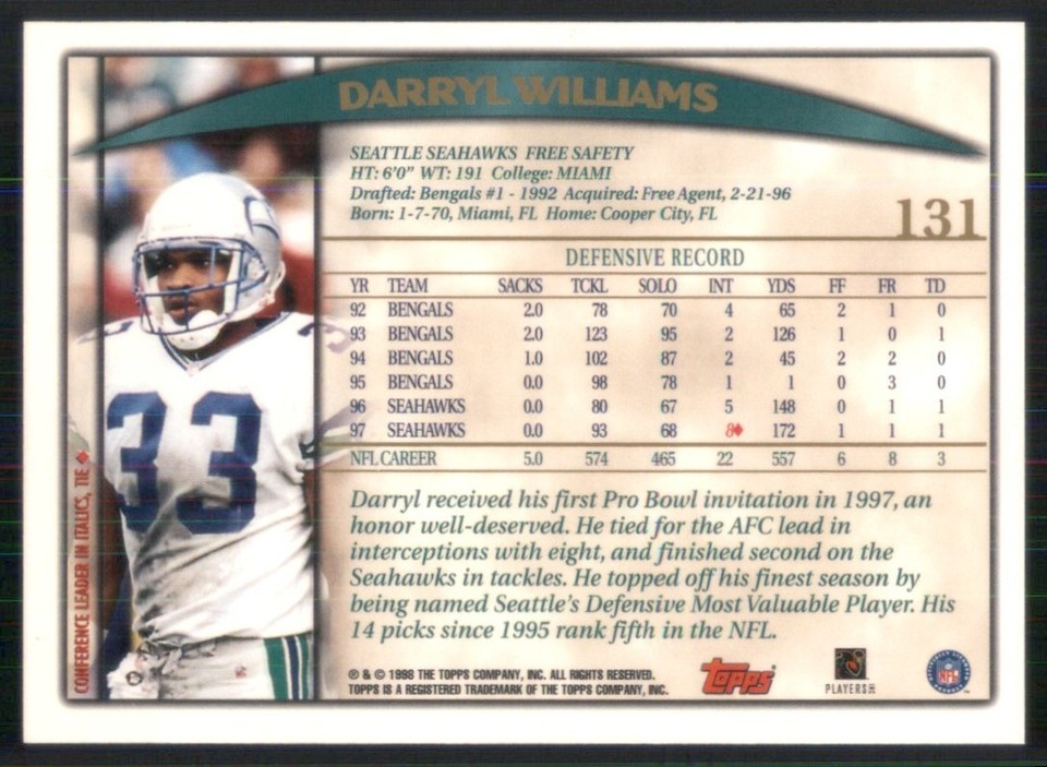 1998 Topps #131 Darryl Williams Seattle Seahawks 50686 | eBay