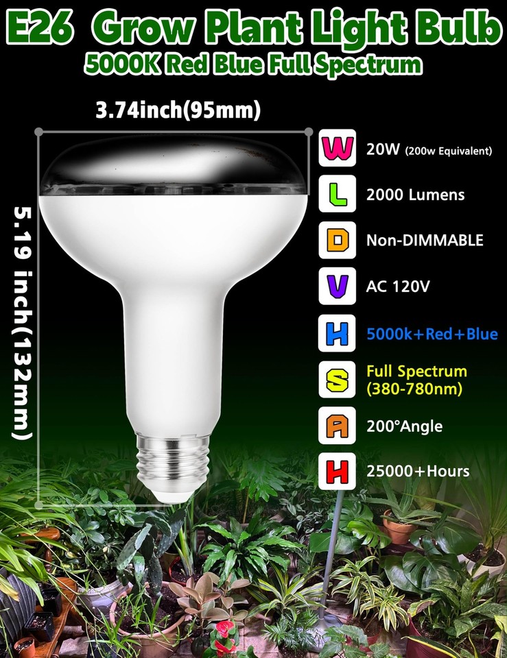 BR30 LED Grow Light Bulbs Floodlight 5000K Red Blue Full Spectrum, 20W ...
