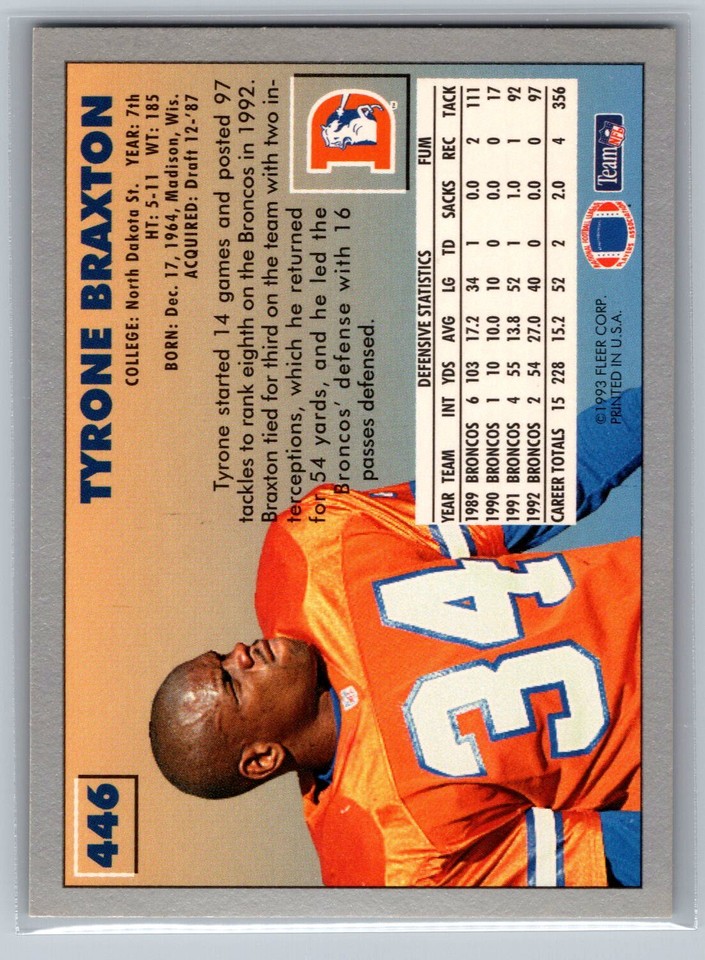 1993 Fleer Football #446 Tyrone Braxton Denver Broncos | eBay