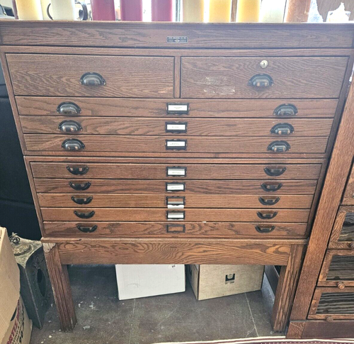Vtg Antique Oak Hamilton Map Blueprint Architect Flat File Cabinet 10 ...