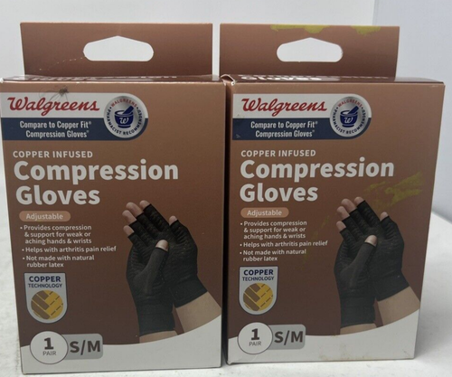 2 Pair - Walgreens Copper Infused Hand Relief Compression Gloves S/M ...