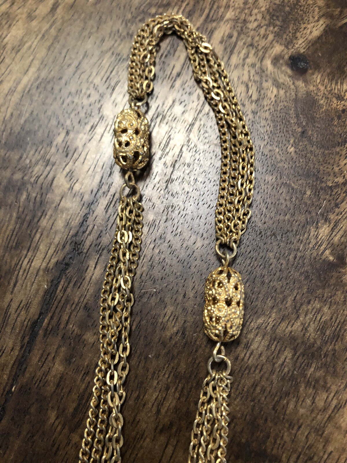 Vintage 4 Strand Gold Tone Chain Necklace with Stationed Filigree Beads ...
