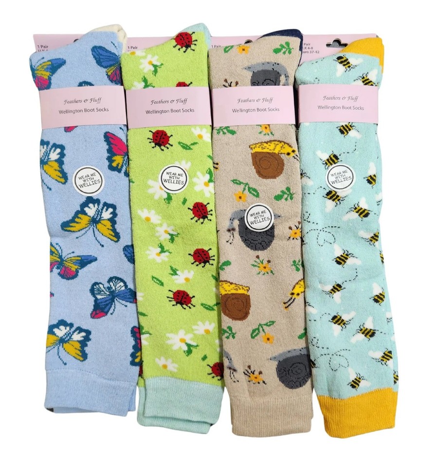 Ladies Girls Knee High Boot Socks Welly Garden Bugs Size 4-8 Feather ...