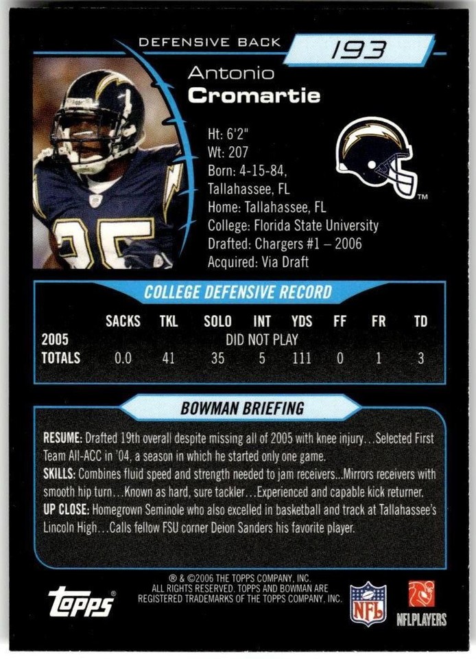2006 Bowman #193 Antonio Cromartie | eBay UK