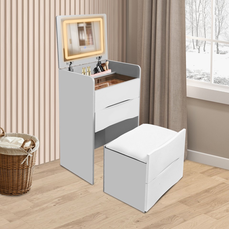 Vanity Desk with Flip Top Lighted Mirror Vanity Desk with Makeup Stool ...