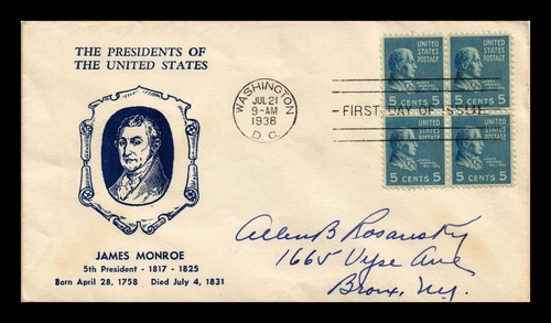 JAMES MONROE PRESIDENTIAL SERIES FDC SCOTT 810 BLOCK OF 4 US COVER | eBay
