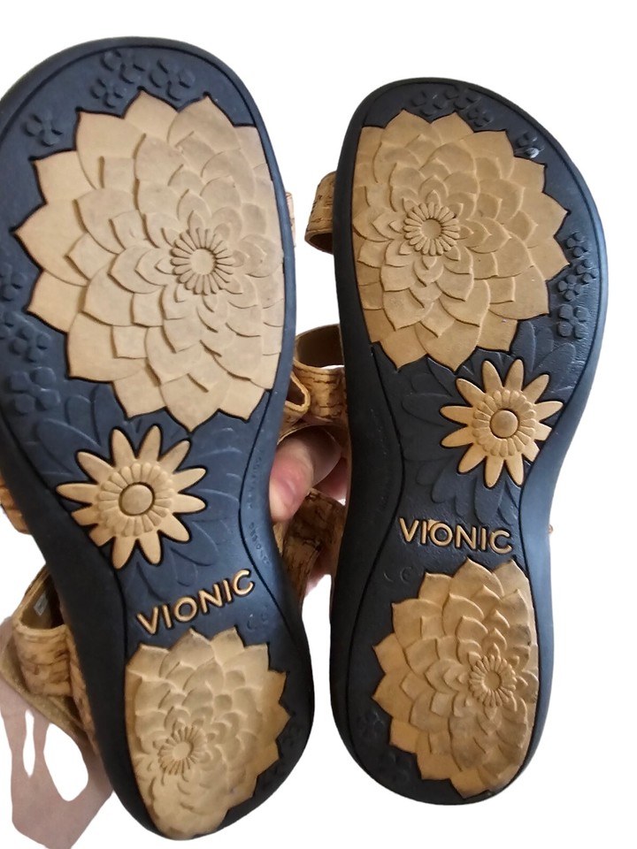Vionic Sandals Womens 8 Amber Gold Cork Strappy Sling Back Brown Hook ...