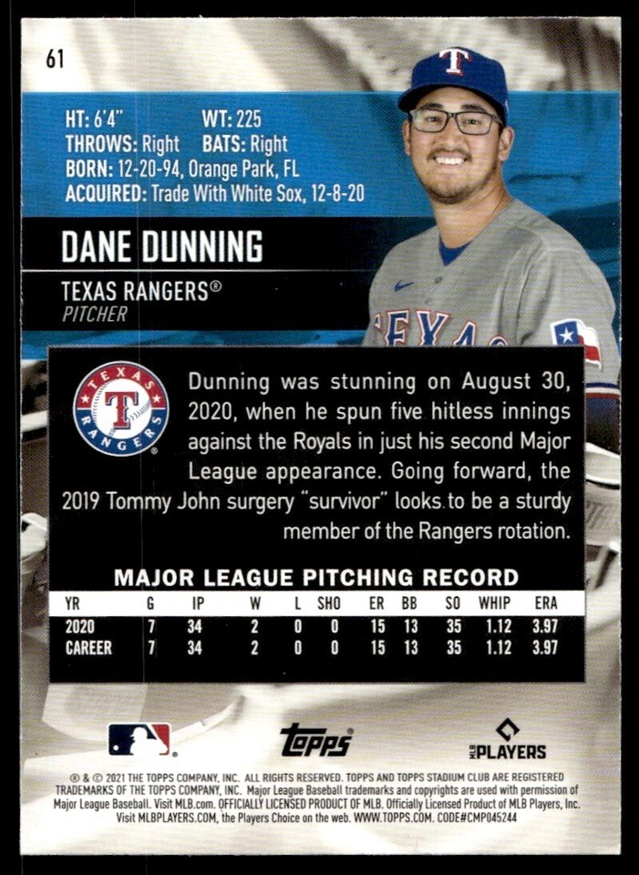 2021 Stadium Club Dane Dunning Rookie Texas Rangers #61 | eBay
