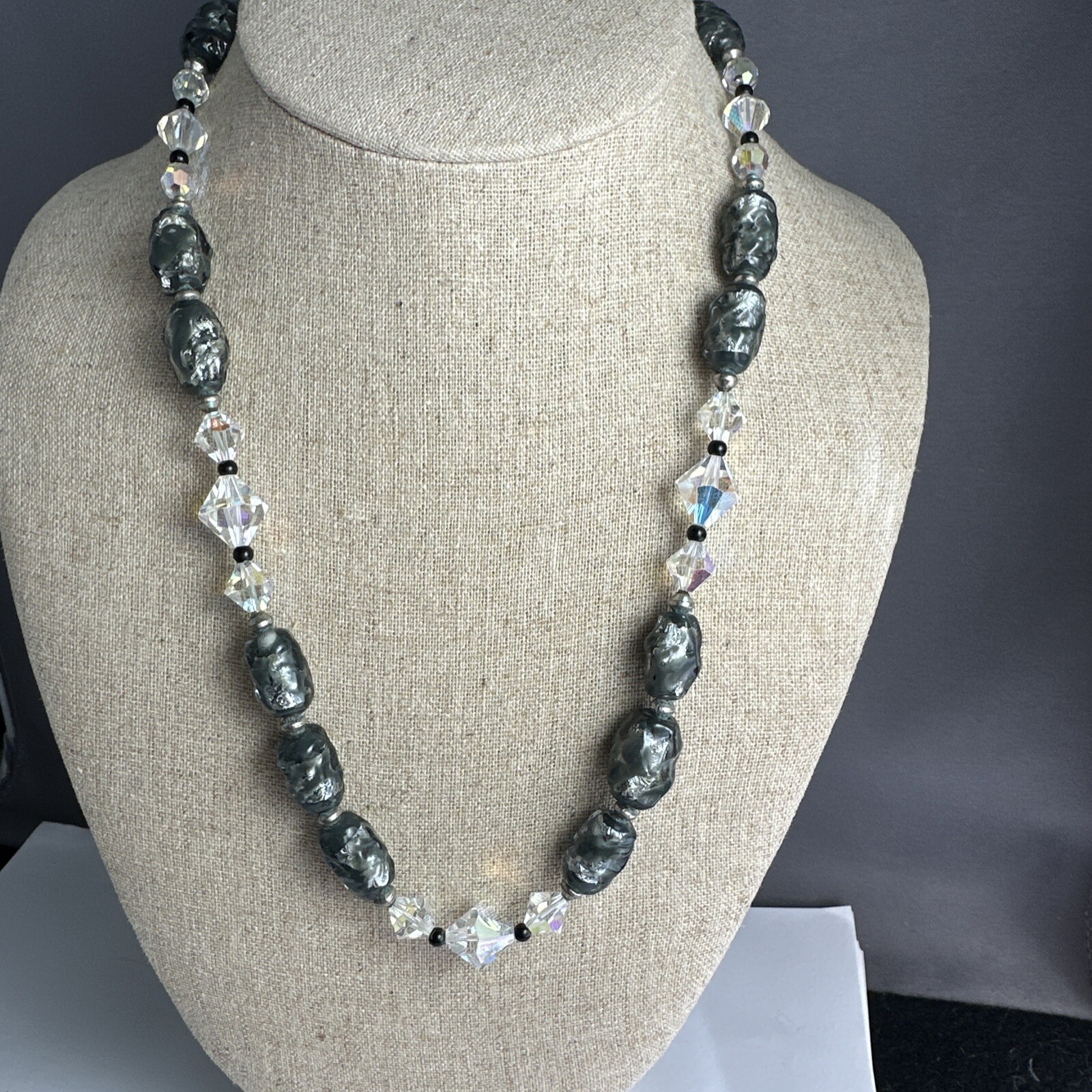 Vintage 20 Inch Czech Gray Glass And Crystal Necklace - Gem