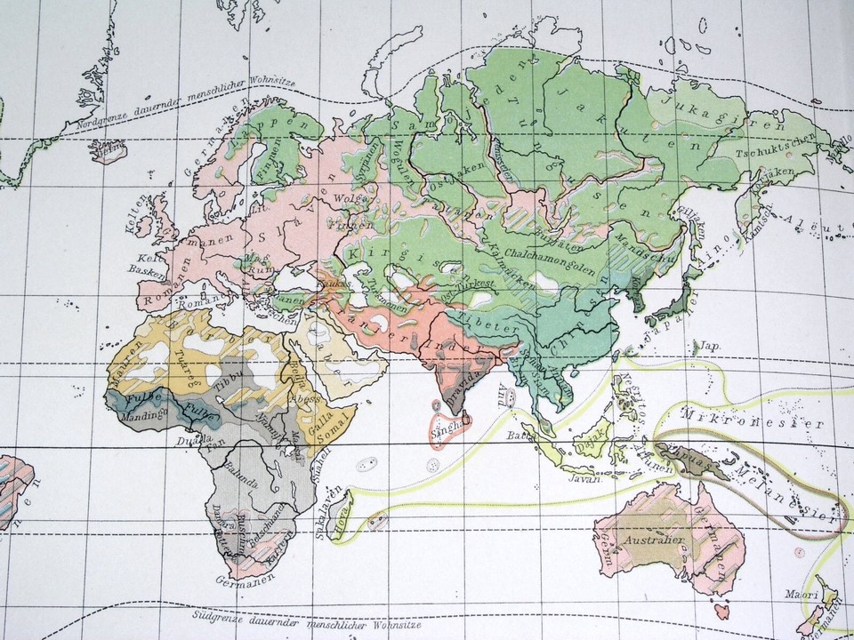1911 ANTIQUE MAP OF WORLD RACES RELIGIONS POPULATION DENSITY EUROPE ...