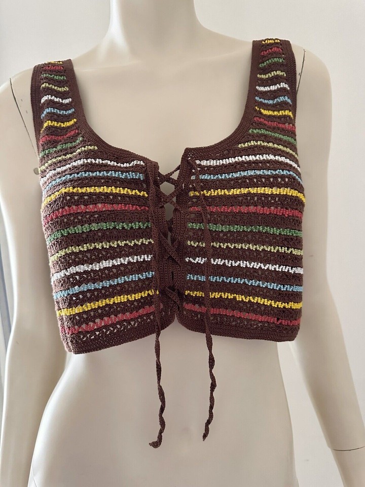 Philosophy Alberta Ferretti Top Vest Crochet Beads Brown Boho Hippie ...