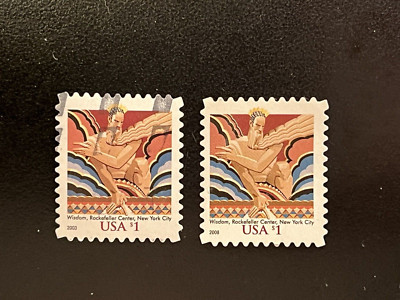 1-Used US Stamp Pair. $1 Dollar #3766-3766a Wisdom Rockefeller Center ...