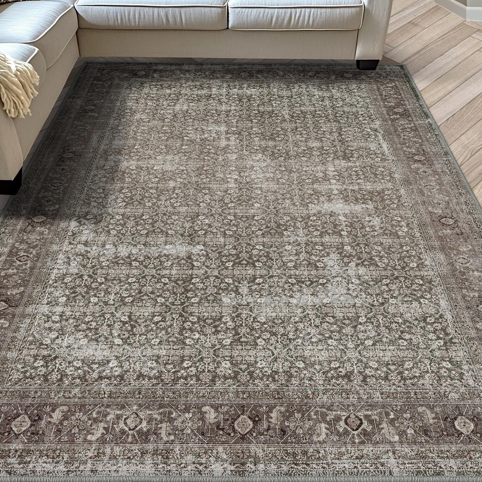 Area Rug 7X9 Washable Rug Moss Salmon Vintage Traditional Distressed ...