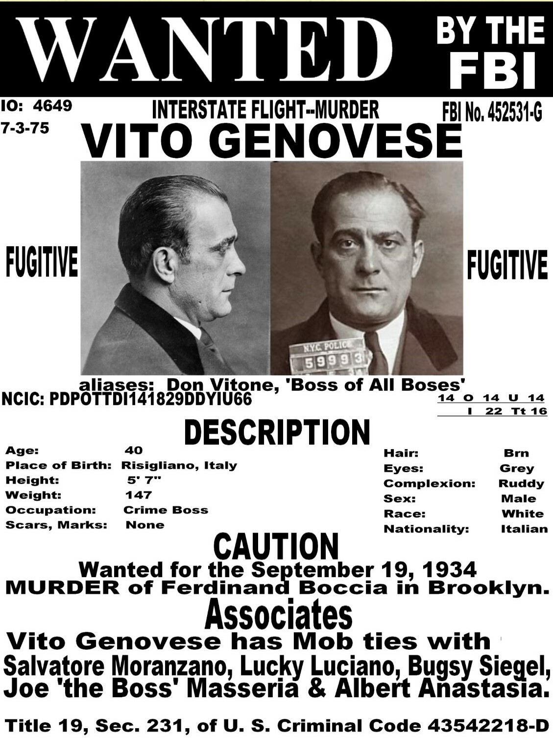 VITO GENOVESE 8X10 WANTED POSTER PHOTO MAFIA ORGANIZED CRIME MOBSTER ...
