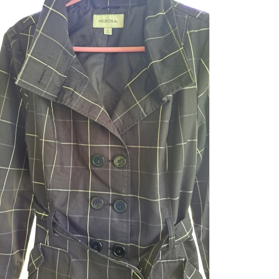MORENA Black Plaid Womens Trench Coat Size XL - Black | eBay