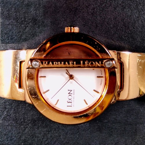 Raphael Leon Women's Watch Bronze Tone Case Adjustable White Leather ...