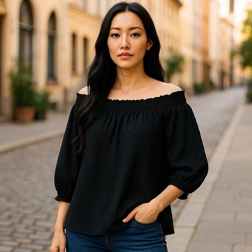 Style & Co Black Peasant Blouse Textured Dot 3/4 Sleeve Top PP | eBay