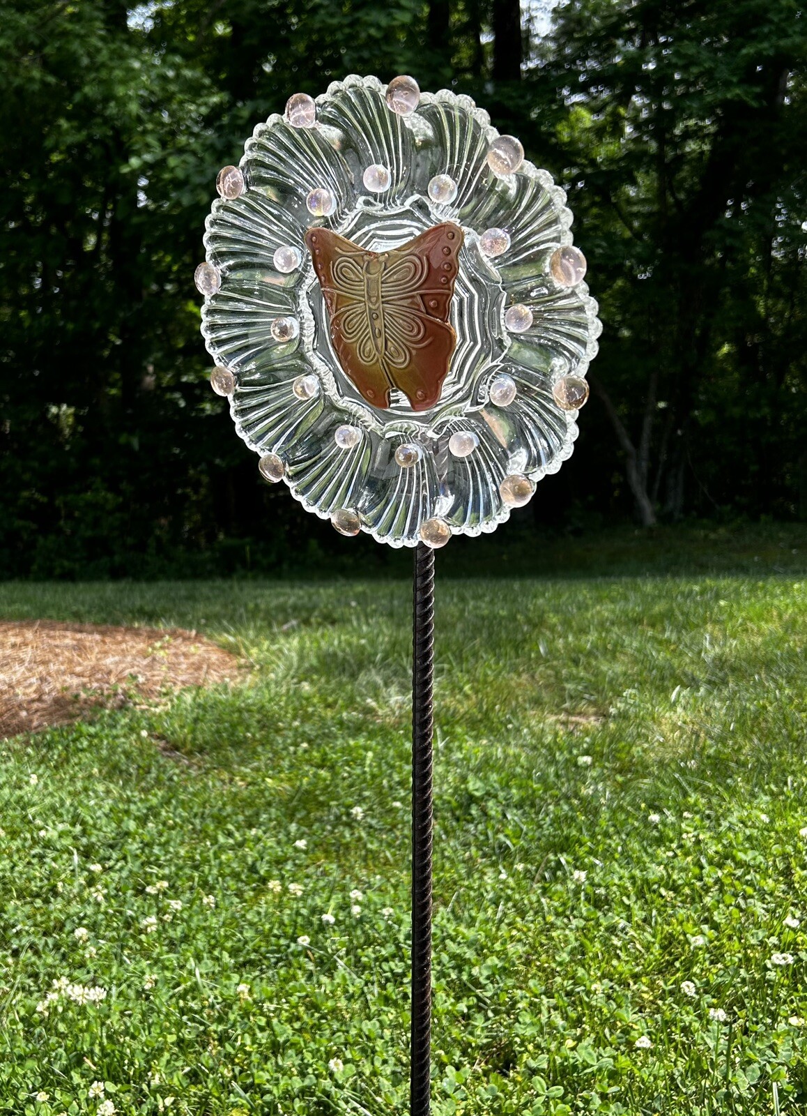 Peach Butterfly & Clear Shell Glass Garden Flower Repurposed Suncatcher ...