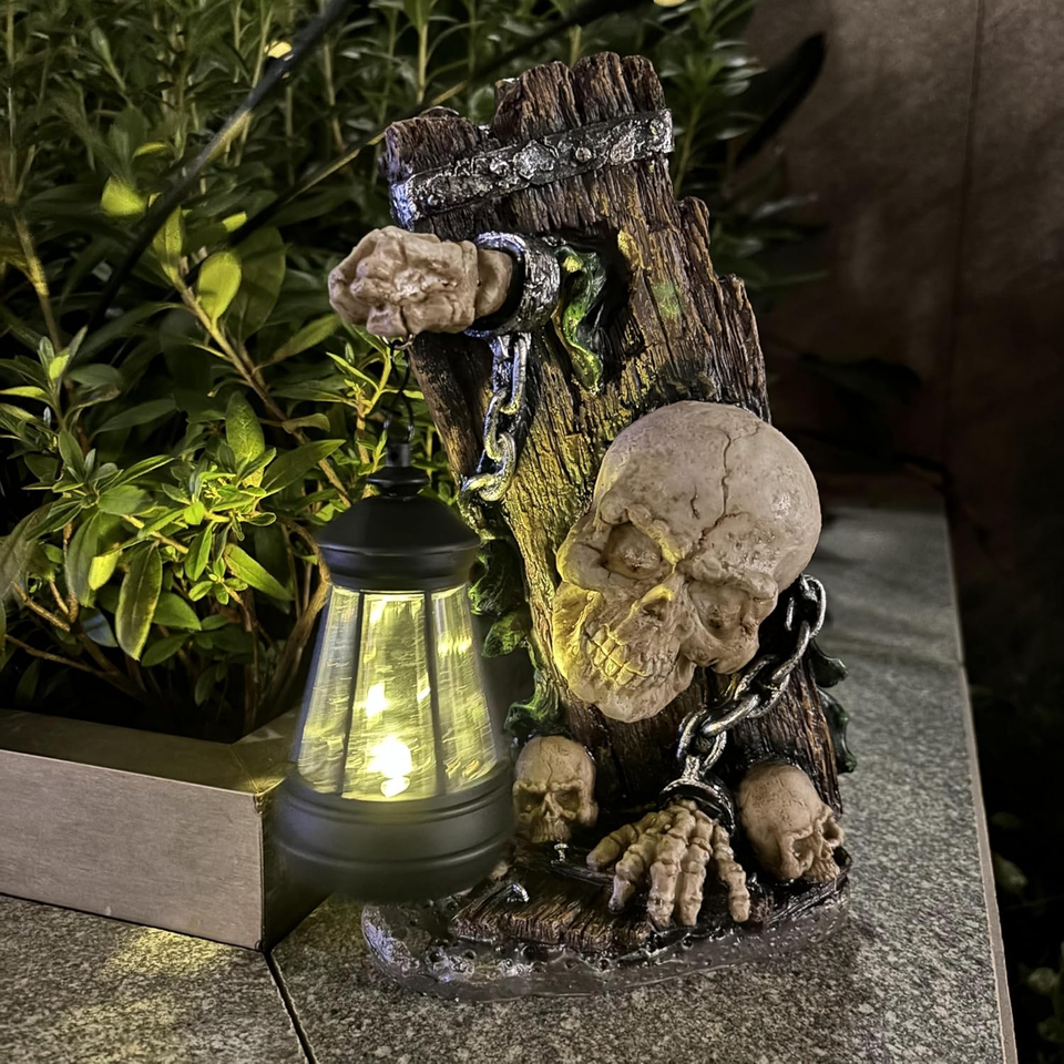 Realistic Halloween Skeleton Solar Skull Statue Home Decor, Chained ...